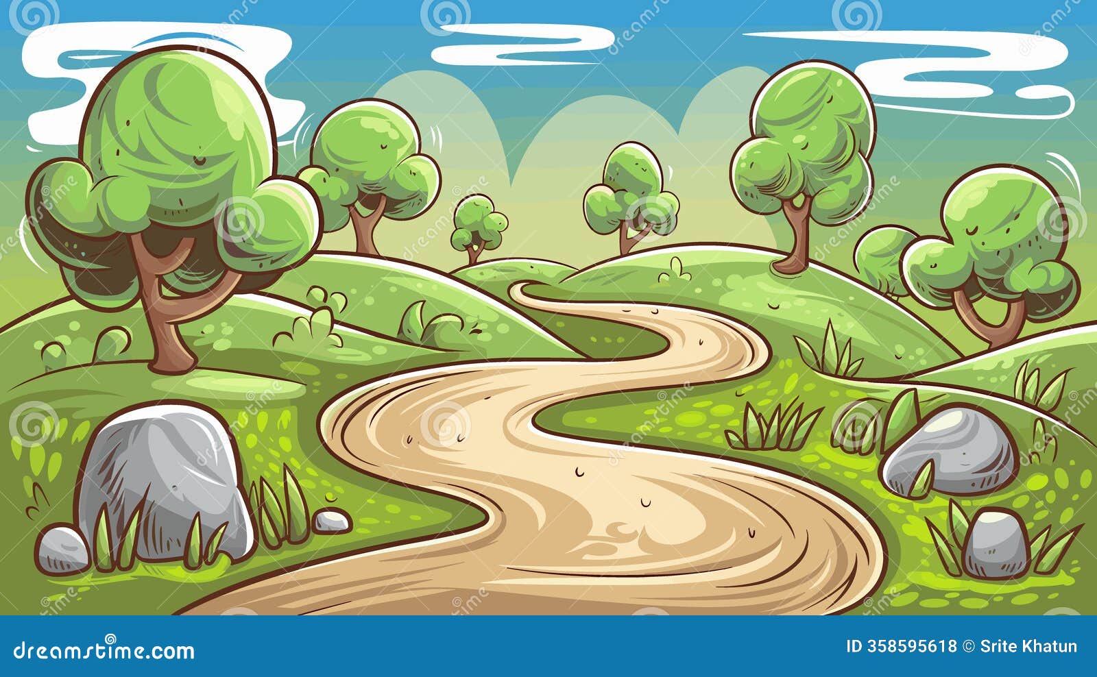 Cartoon Landscape with Winding Path and Trees Stock Vector ...