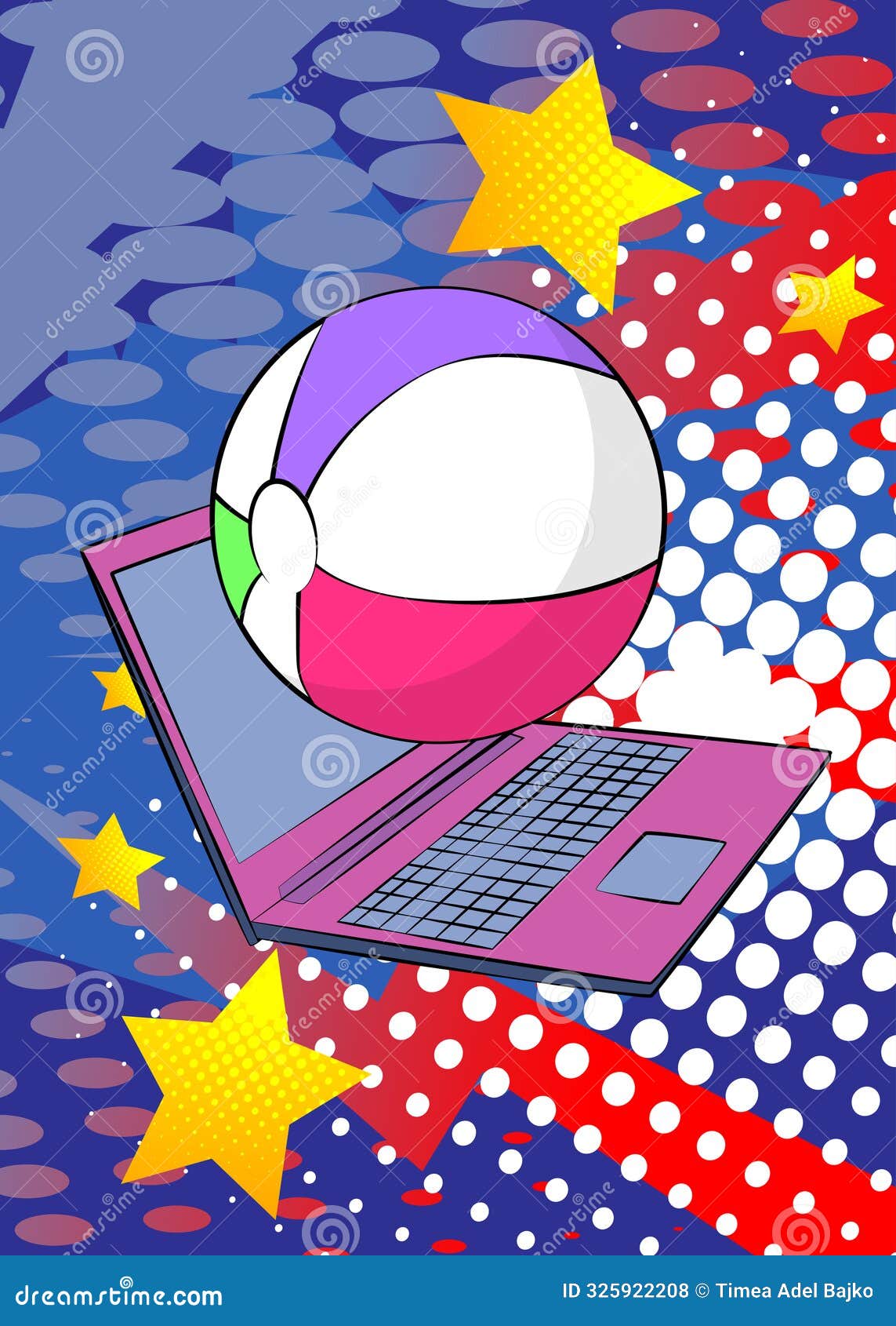 Cartoon Laptop, Comic Book Notebook with Beach Ball. Retro Vector ...