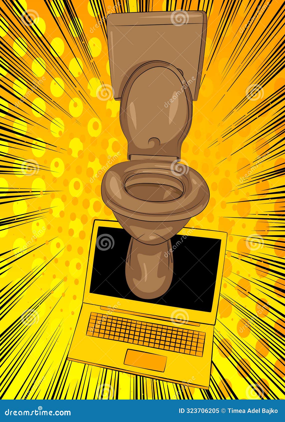 Cartoon Laptop, Comic Book Notebook with Flush Toilet. Retro Vector ...