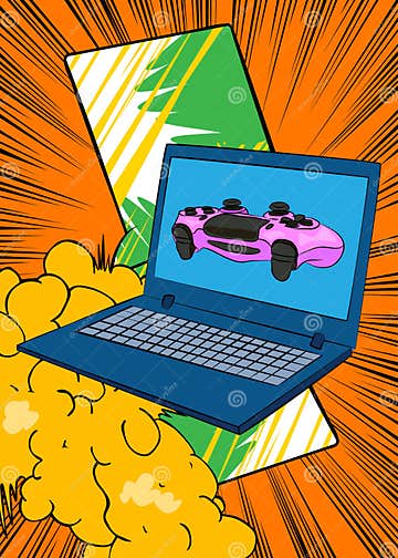 Cartoon Laptop, Comic Book Notebook with Gaming Controller. Retro ...