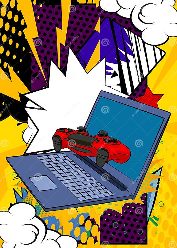 Cartoon Laptop, Comic Book Notebook with Gaming Controller. Retro ...