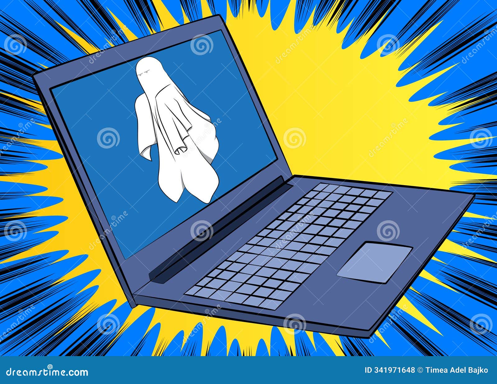 Cartoon Laptop, Comic Book Notebook with Ghost. Retro Vector Pop Art ...