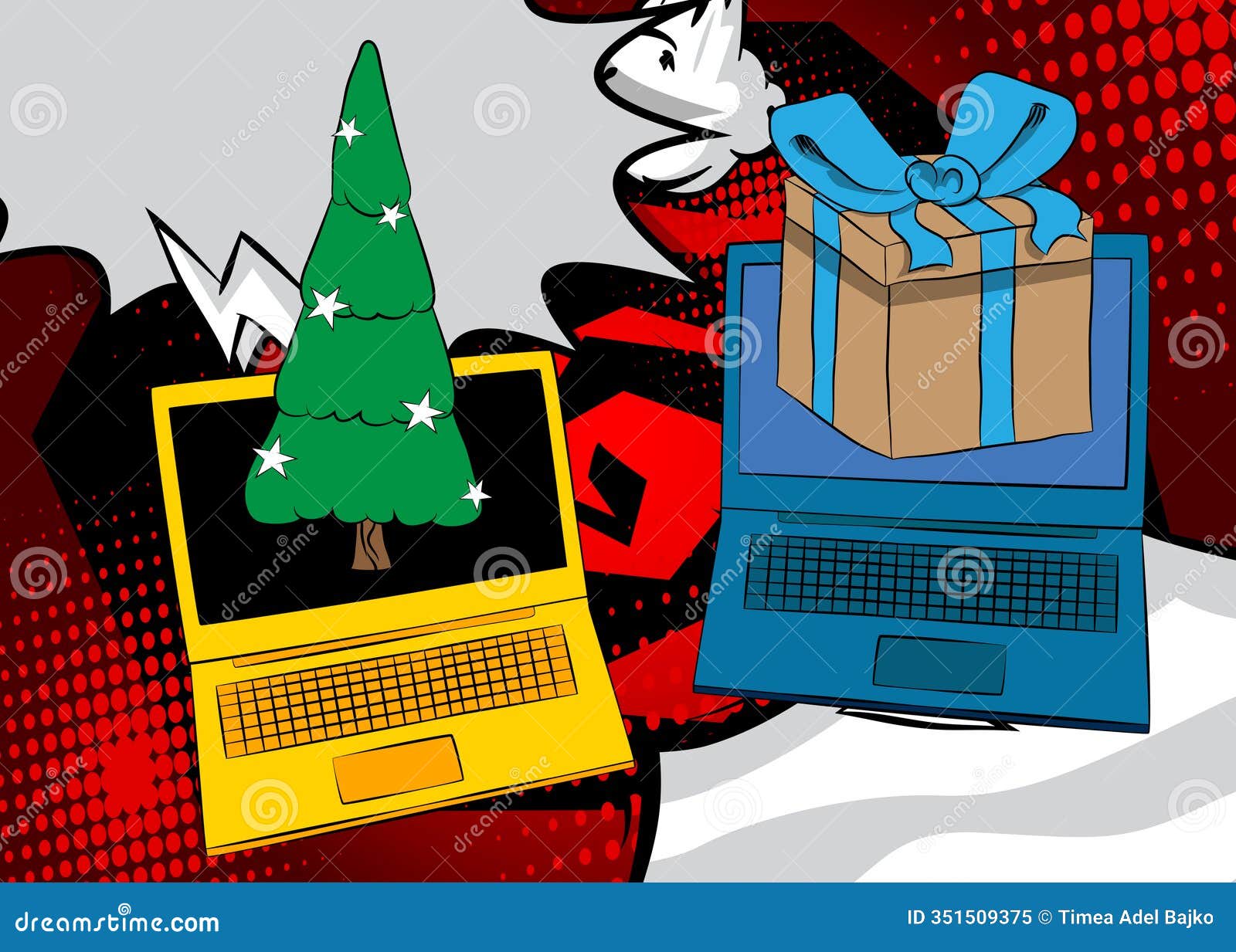 Cartoon Laptop, Comic Book Notebook with Gift Box and Christmas ...