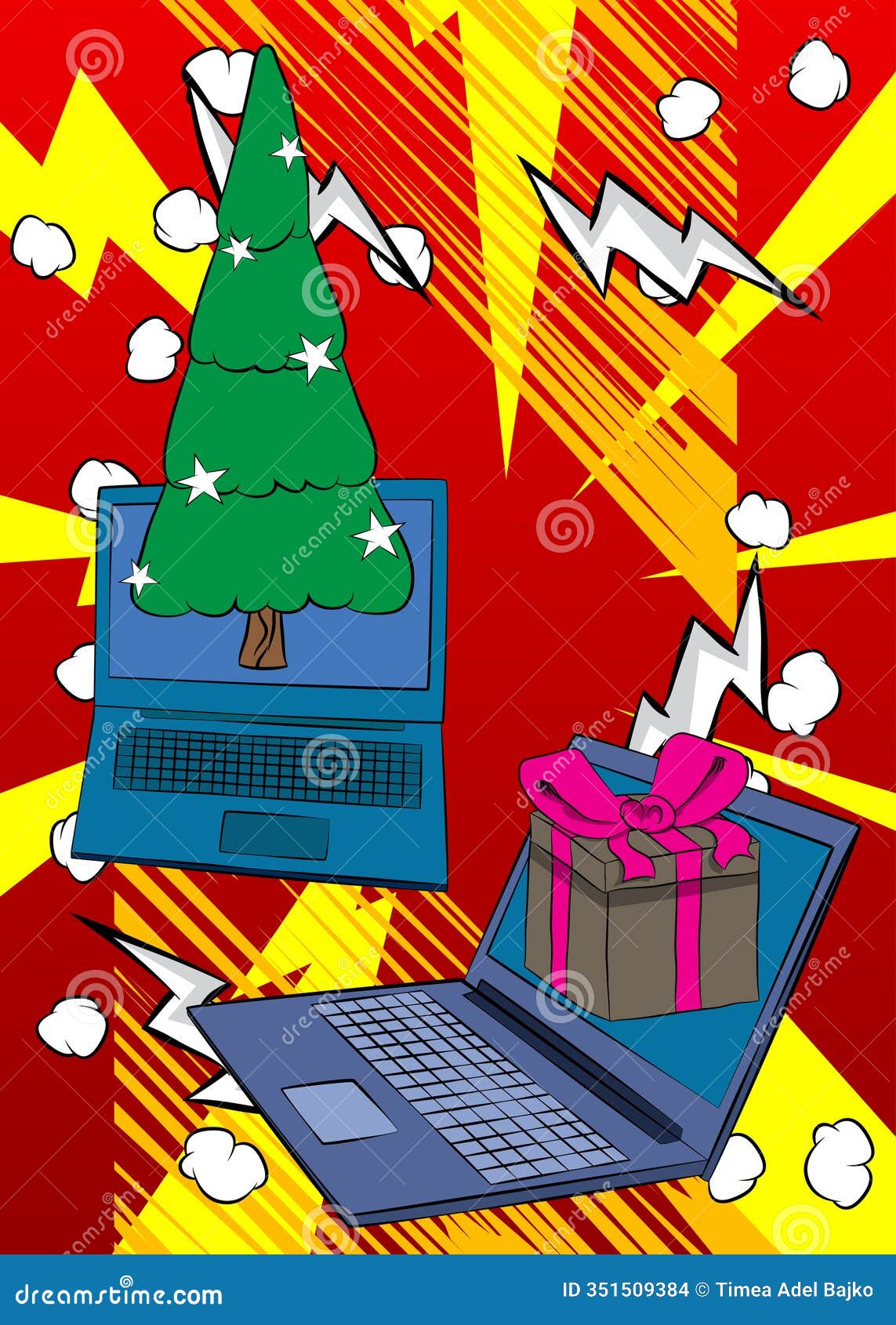 Cartoon Laptop, Comic Book Notebook with Gift Box and Christmas ...