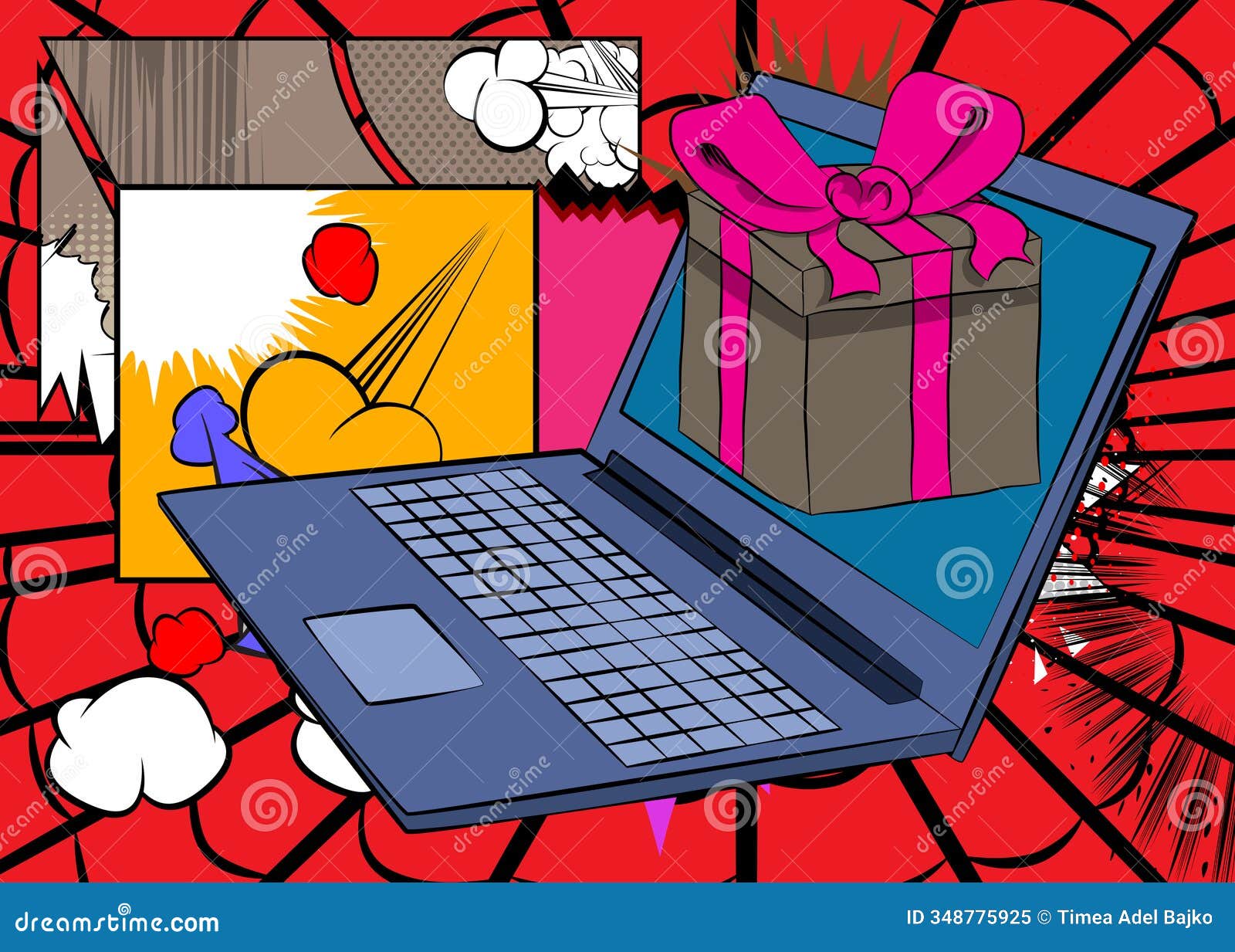 Cartoon Laptop, Comic Book Notebook with Gift Box Retro Comics Pop Art ...