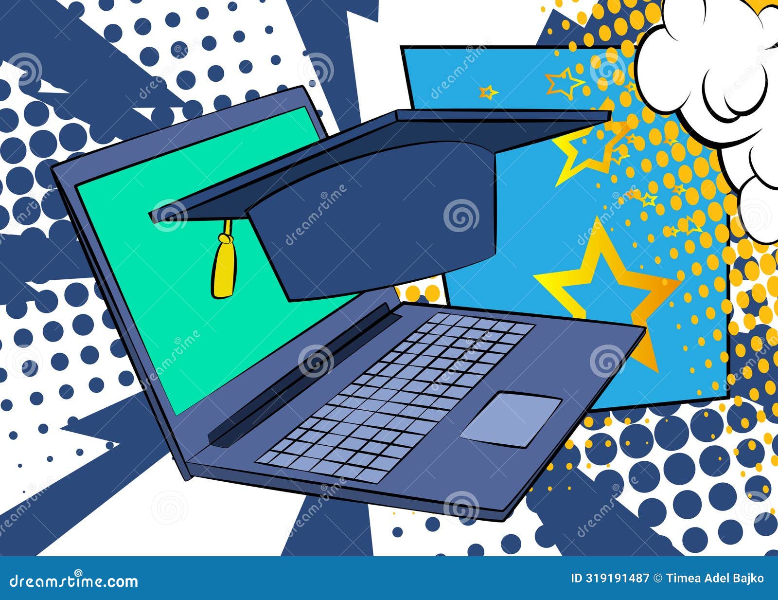 Cartoon Laptop, Comic Book Notebook with Graduation Hat. Retro Vector ...