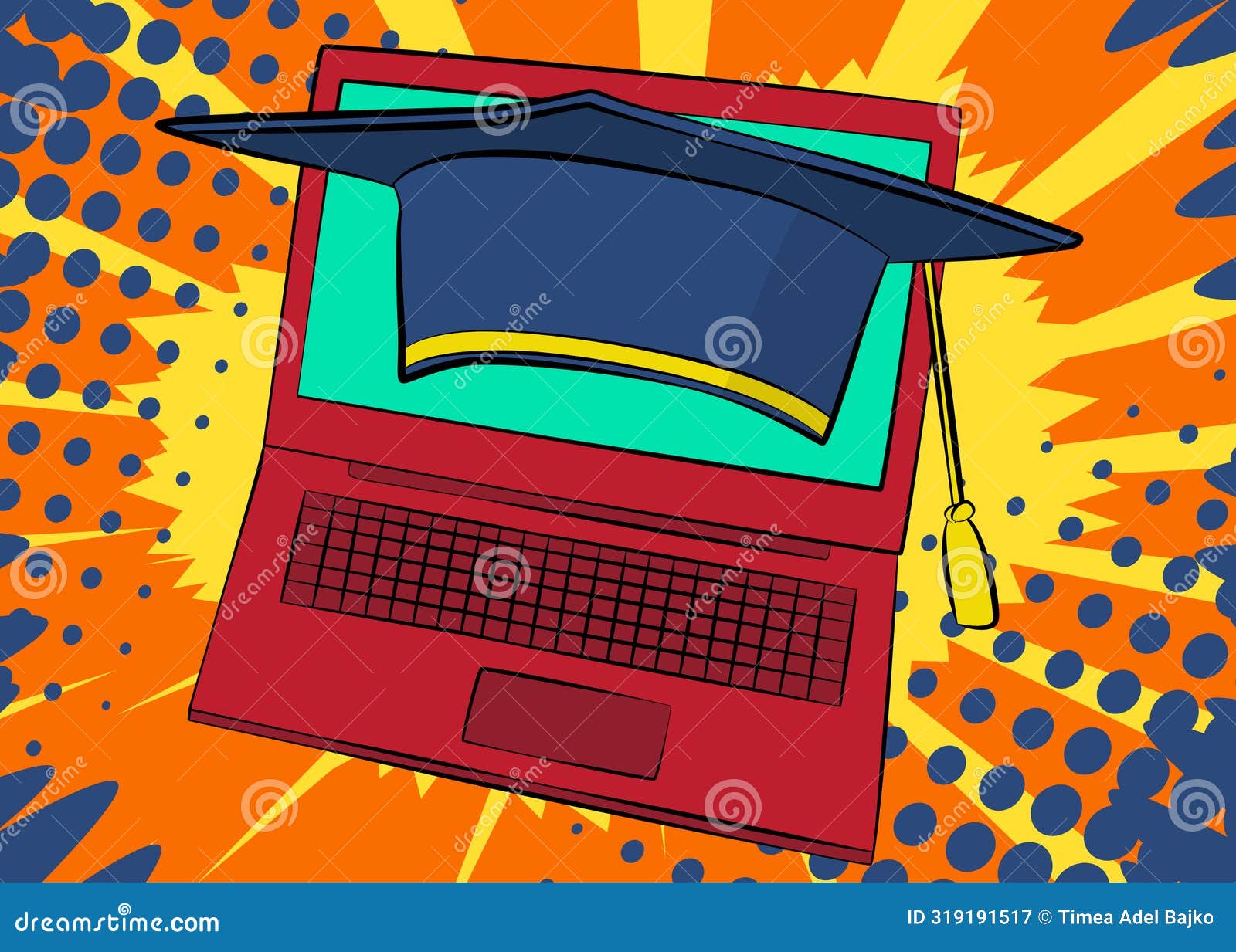 Cartoon Laptop, Comic Book Notebook with Graduation Hat. Retro Vector ...