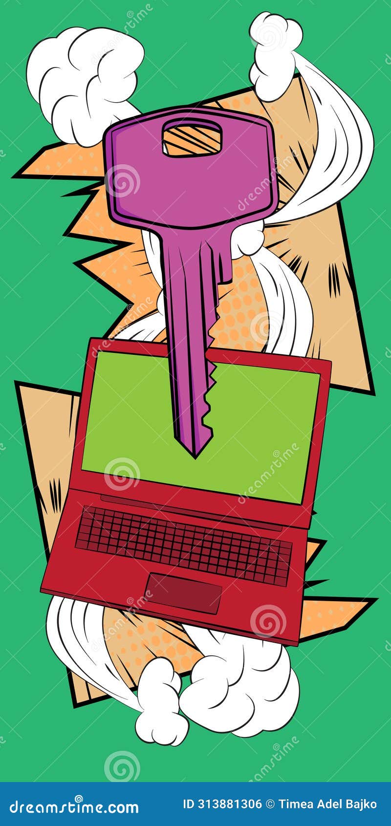 Cartoon Laptop, Comic Book Notebook with Key. Retro Vector Comics Pop ...