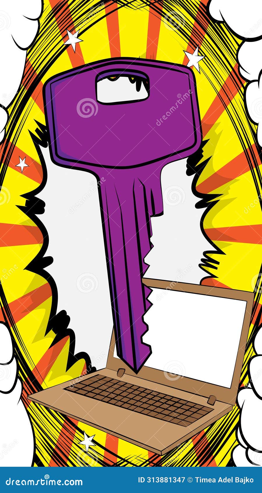 Cartoon Laptop, Comic Book Notebook with Key. Retro Vector Comics Pop ...