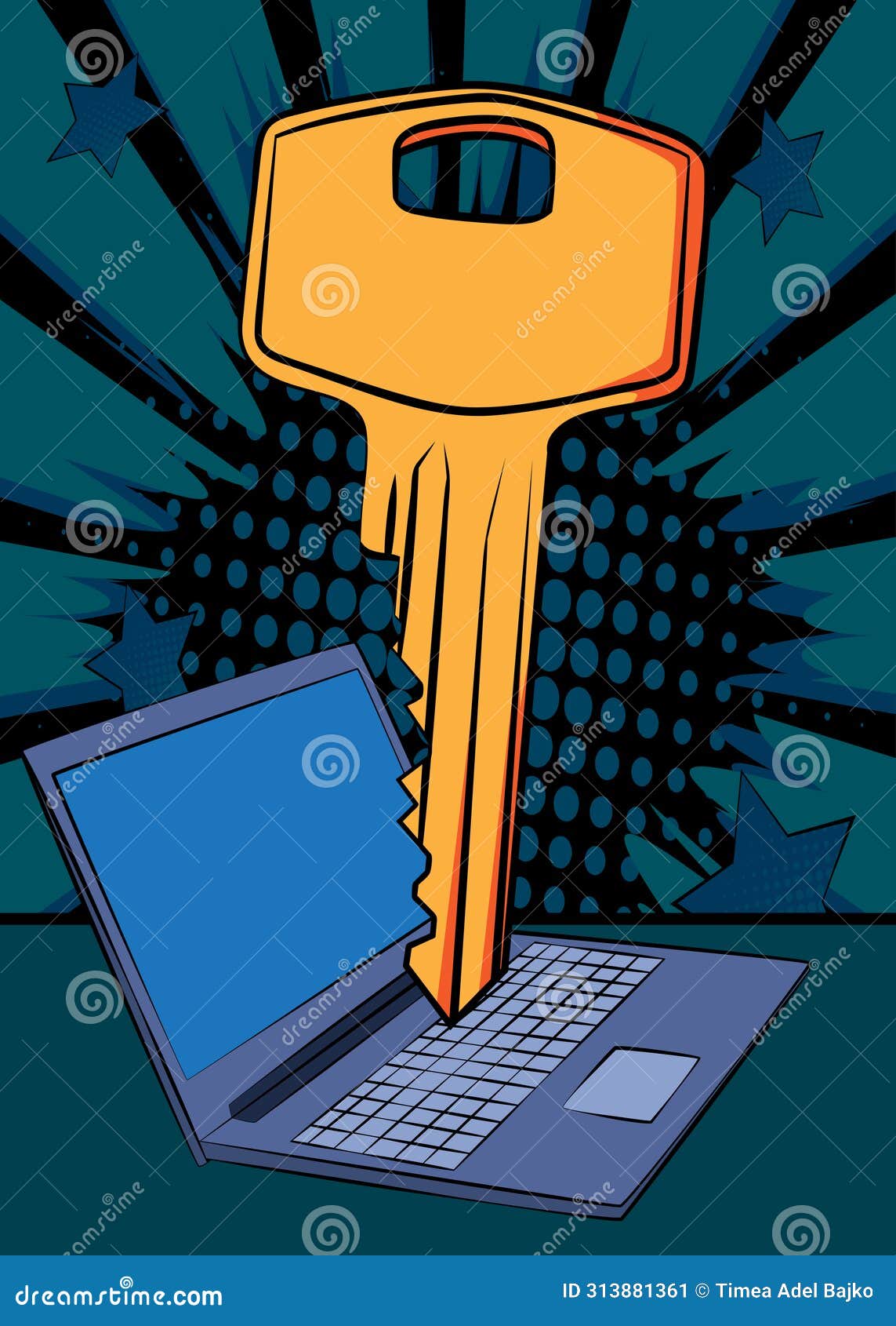 Cartoon Laptop, Comic Book Notebook with Key. Retro Vector Comics Pop ...