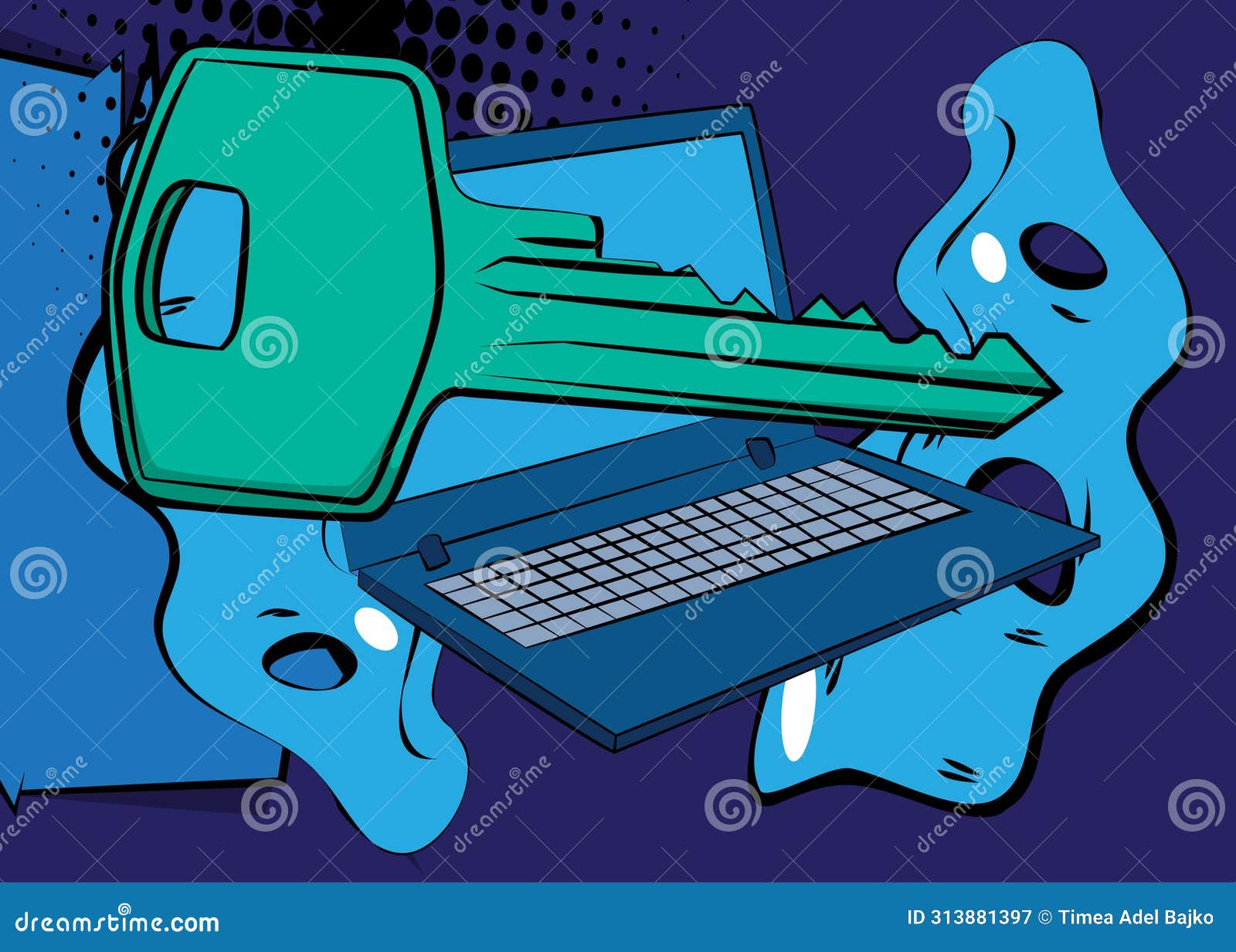 Cartoon Laptop, Comic Book Notebook with Key. Retro Vector Comics Pop ...