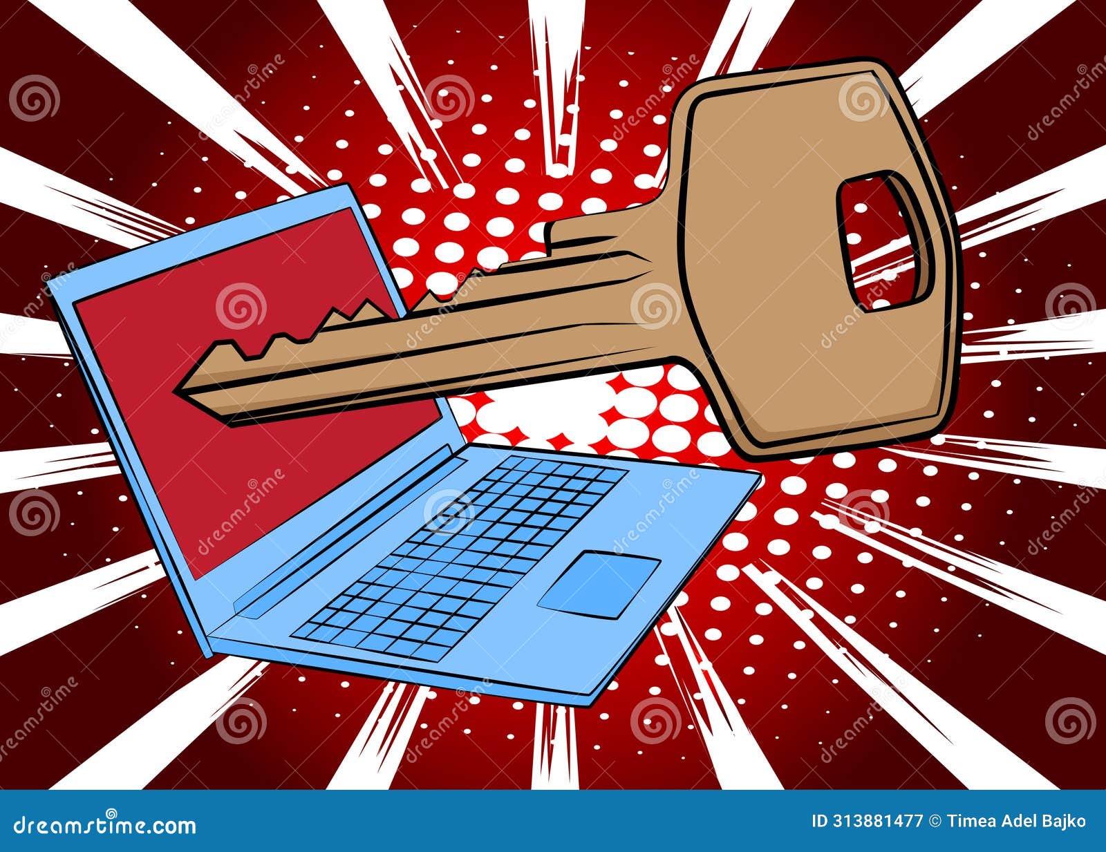 Cartoon Laptop, Comic Book Notebook with Key. Retro Vector Comics Pop ...
