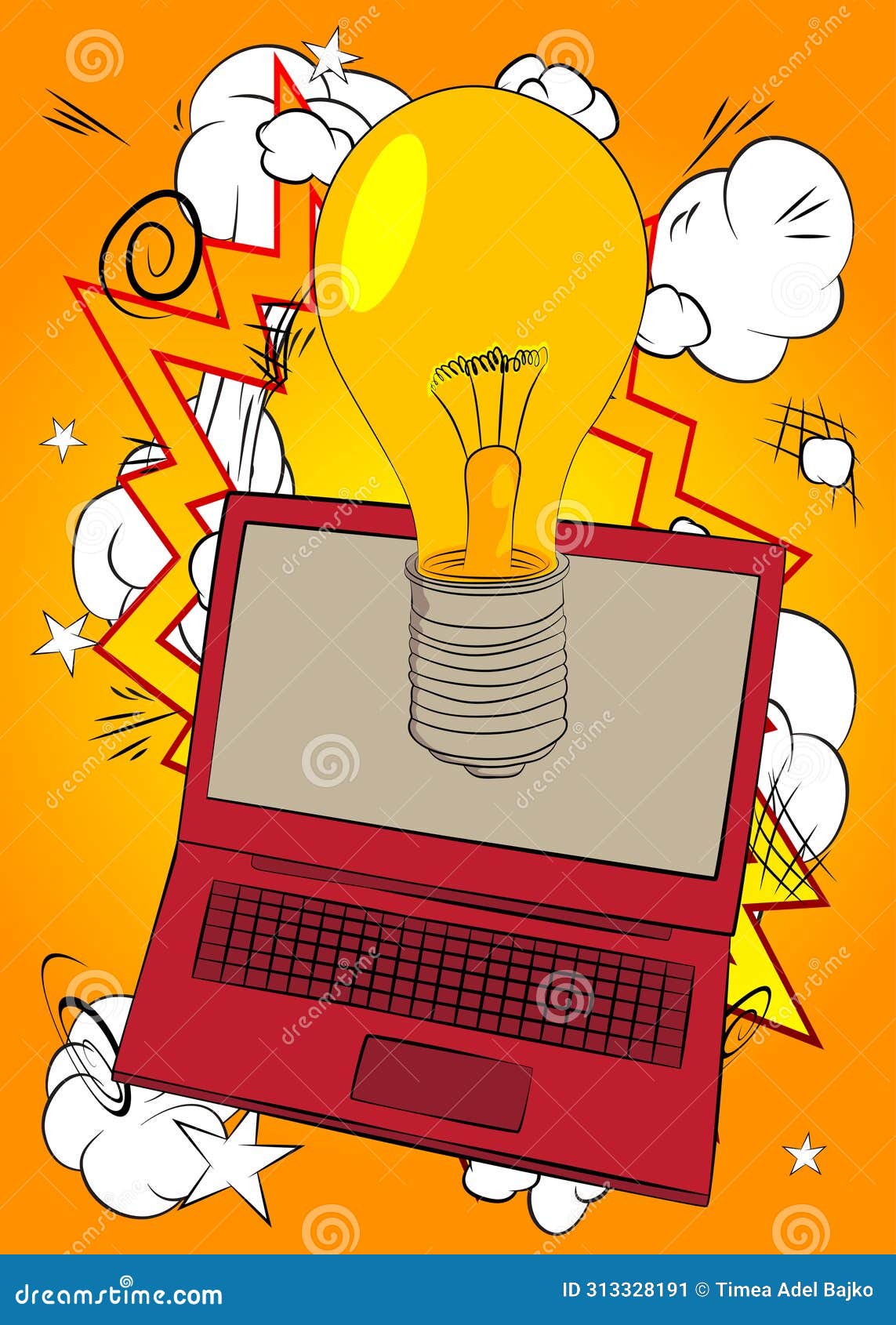 Cartoon Laptop, Comic Book Notebook with Light Bulb. Retro Vector ...