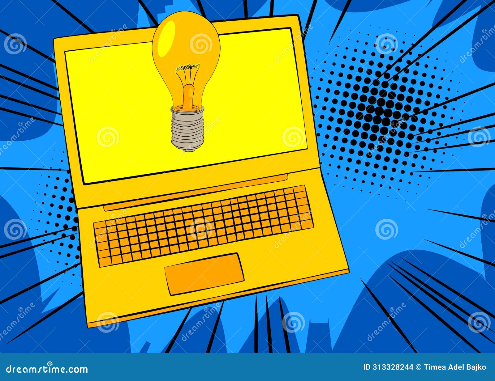 Cartoon Laptop, Comic Book Notebook with Light Bulb. Retro Vector ...