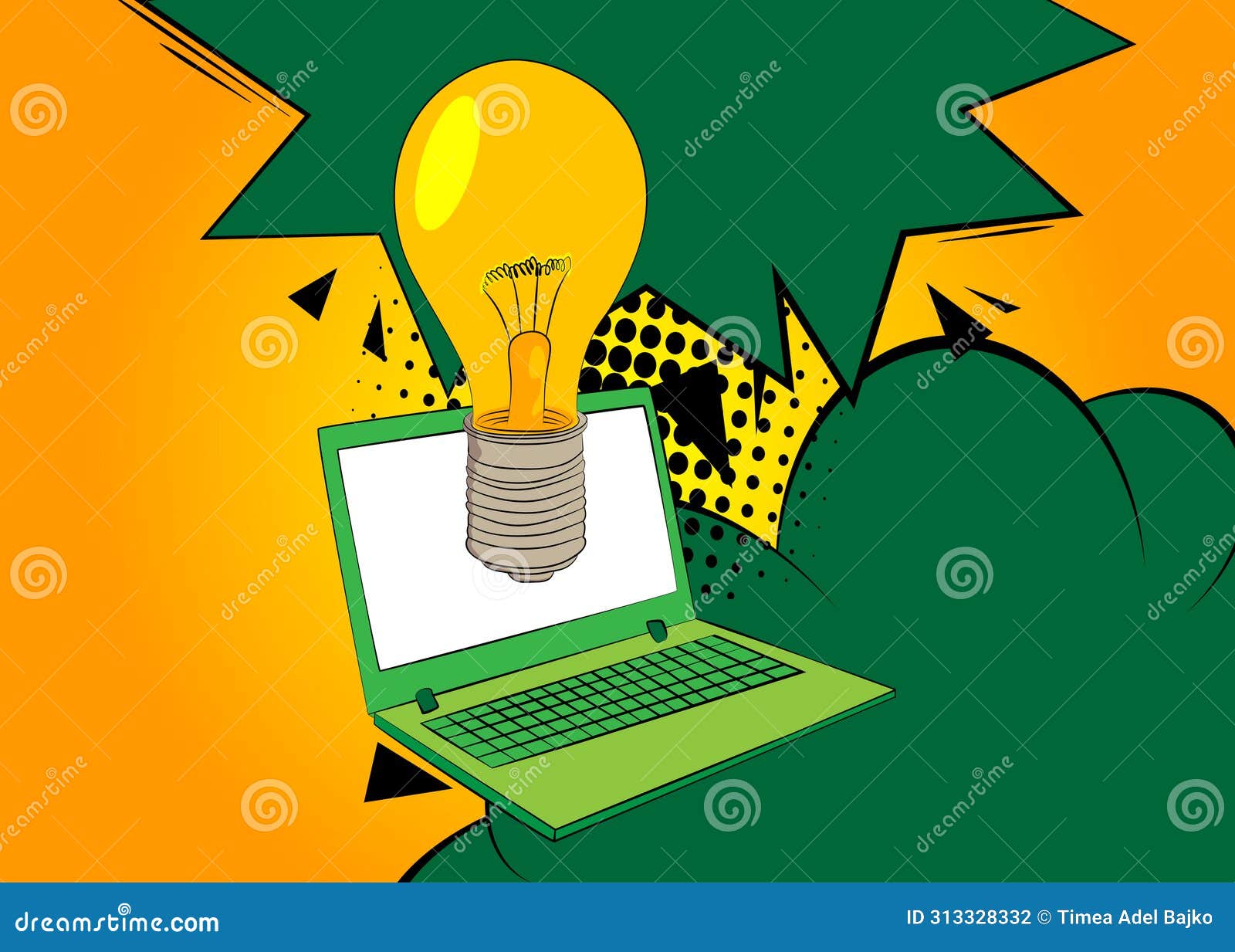 Cartoon Laptop, Comic Book Notebook with Light Bulb. Retro Vector ...