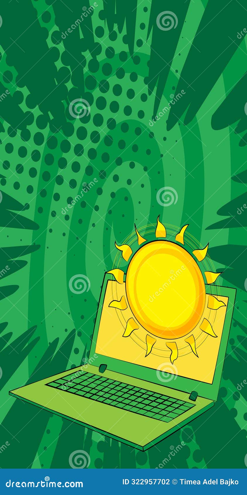 Cartoon Laptop, Comic Book Notebook with Summer Sun. Retro Vector ...