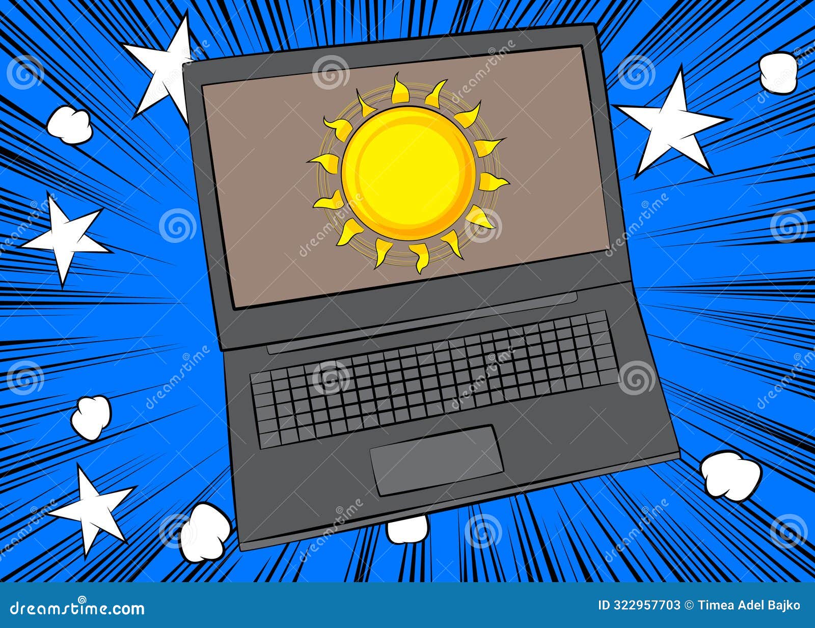 Cartoon Laptop, Comic Book Notebook with Summer Sun. Retro Vector ...
