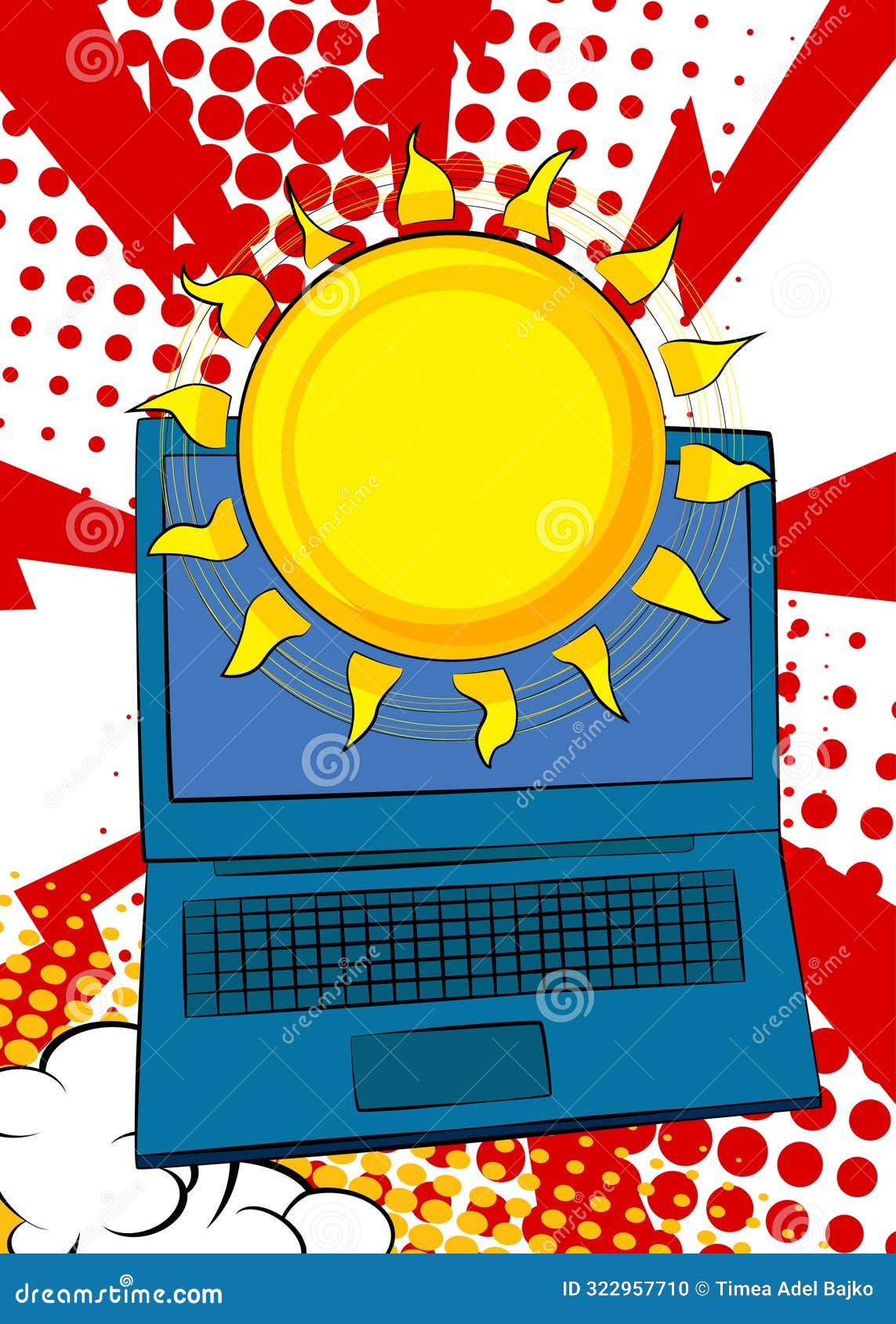 Cartoon Laptop, Comic Book Notebook with Summer Sun. Retro Vector ...