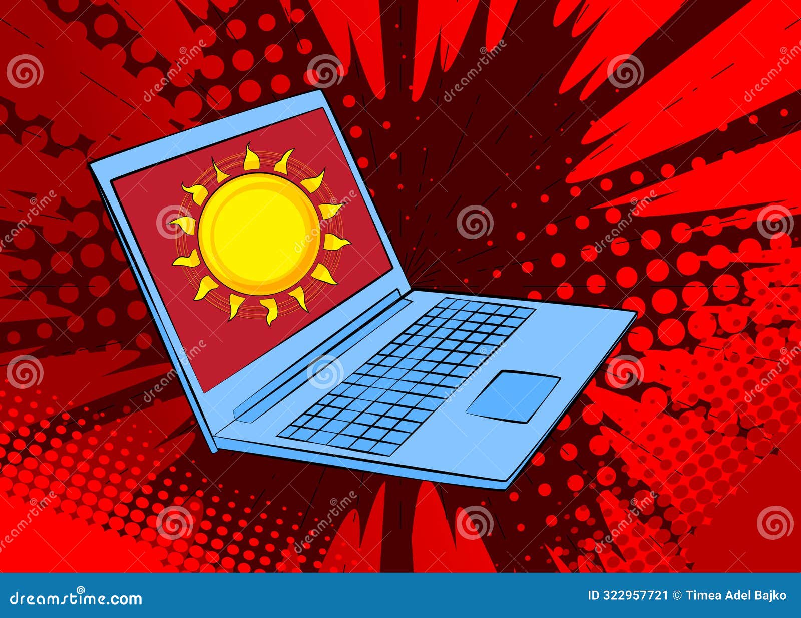 Cartoon Laptop, Comic Book Notebook with Summer Sun. Retro Vector ...