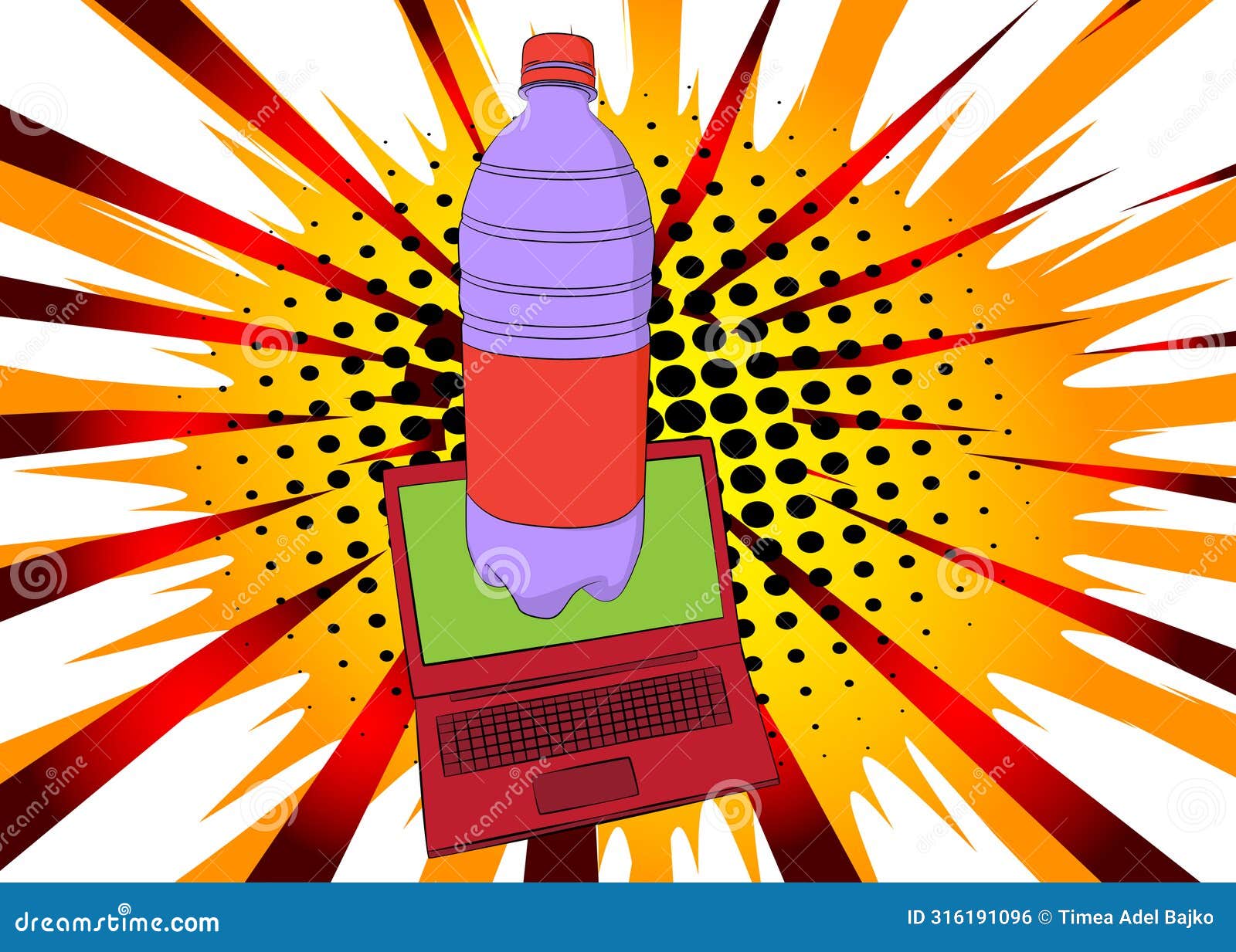 Cartoon Laptop, Comic Book Notebook with Water Bottle. Retro Vector ...