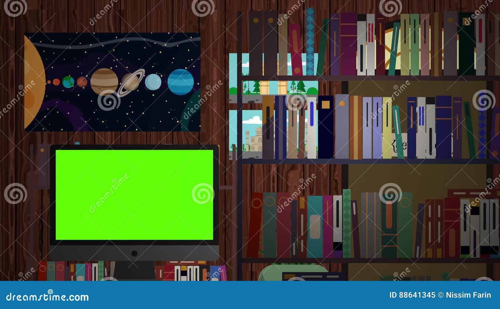Cartoon Library with Book Shelves and Computers with Green Screen Stock ...
