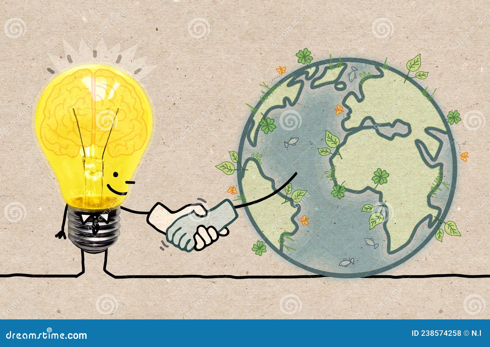 Cartoon Light Bulb Shaking Hand with the Earth Stock Photo - Image of ...
