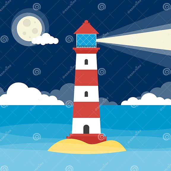 Cartoon Lighthouse at Night Stock Vector - Illustration of danger ...