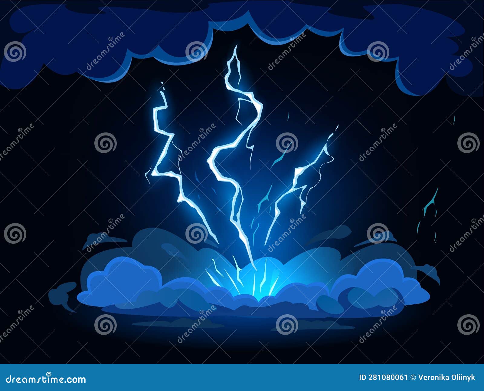 Cartoon Lightning Strike. Thunderbolt Hit from Thunderstorm Clouds ...