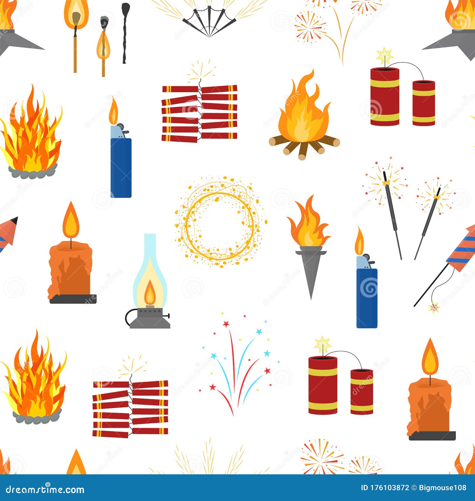 Cartoon Lights and Flames Signs Seamless Pattern Background. Vector ...