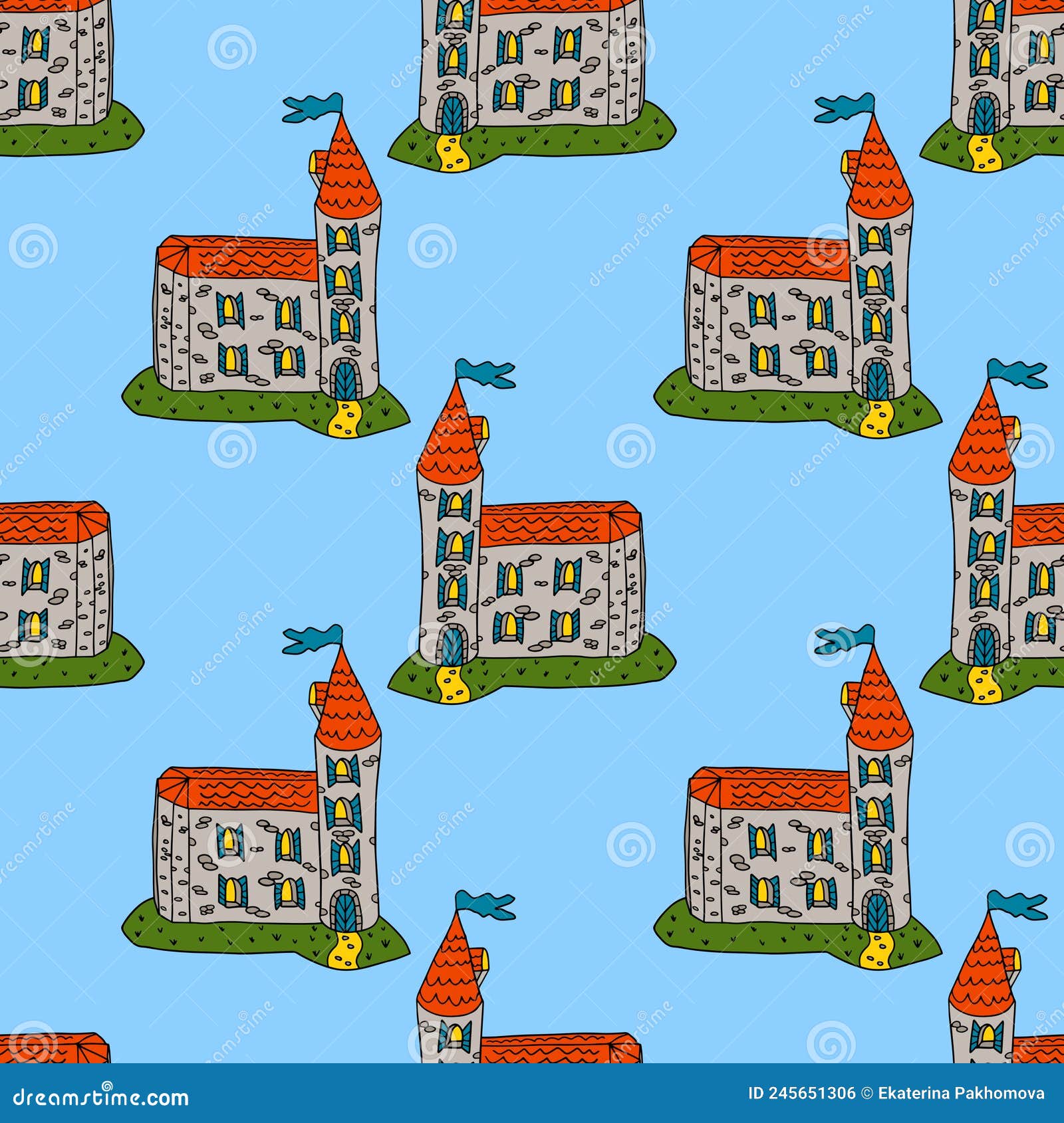 Cartoon Linear Doodle Retro Castle with Flag Seamless Pattern Stock ...