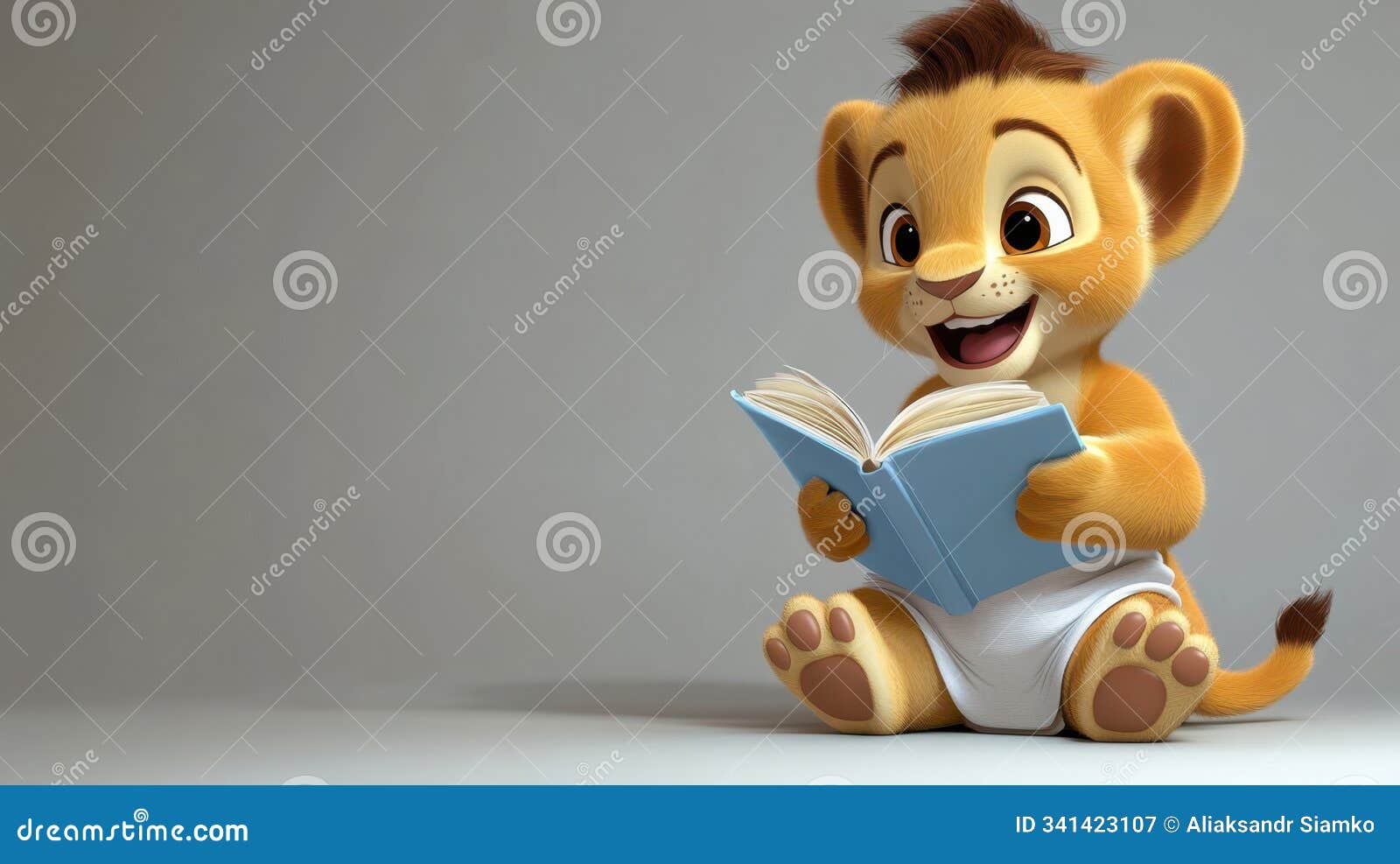 A Cartoon Lion Cub in a Diaper Reading a Book Stock Illustration ...