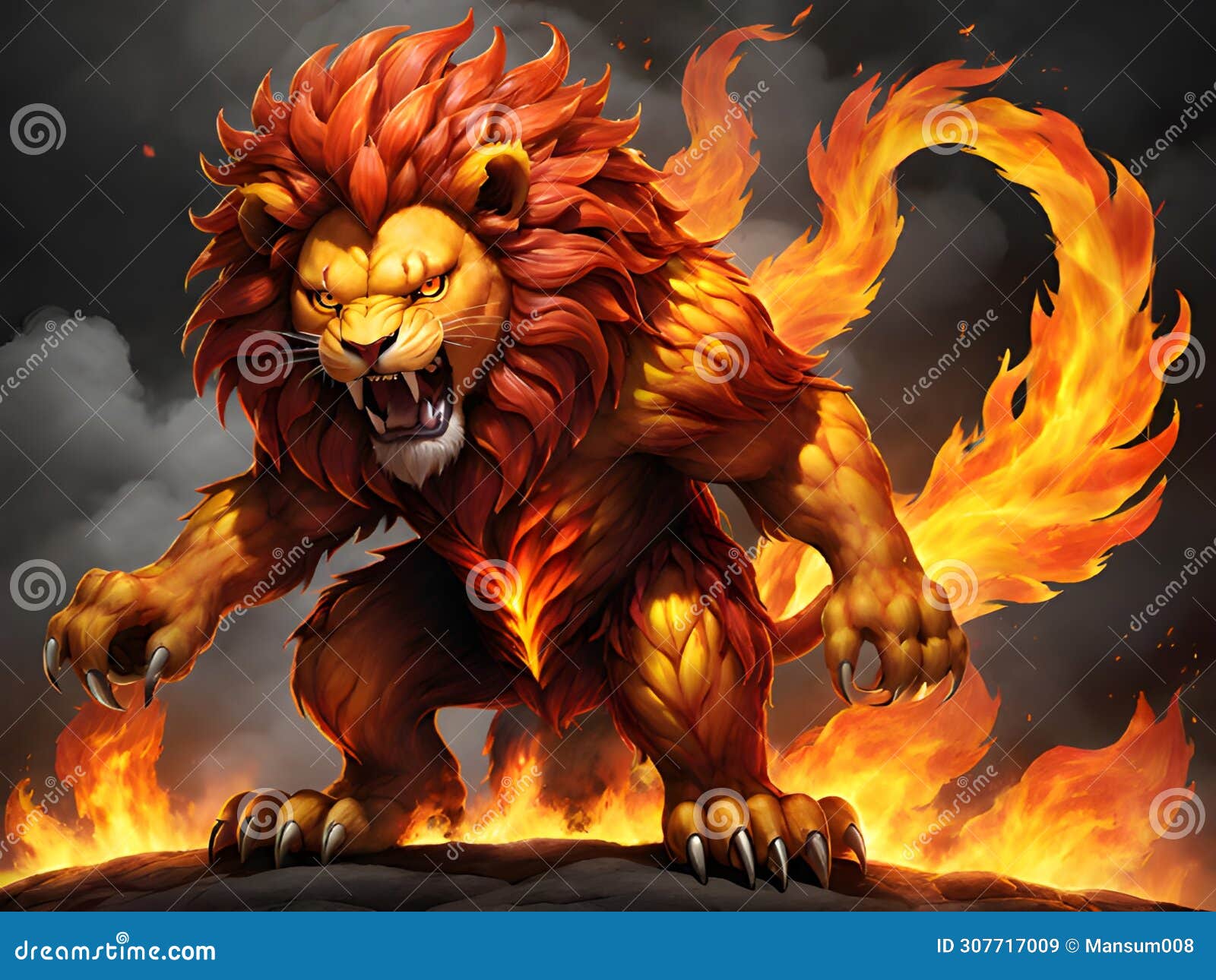 Cartoon Lion in Fire with Flames Stock Illustration - Illustration of ...