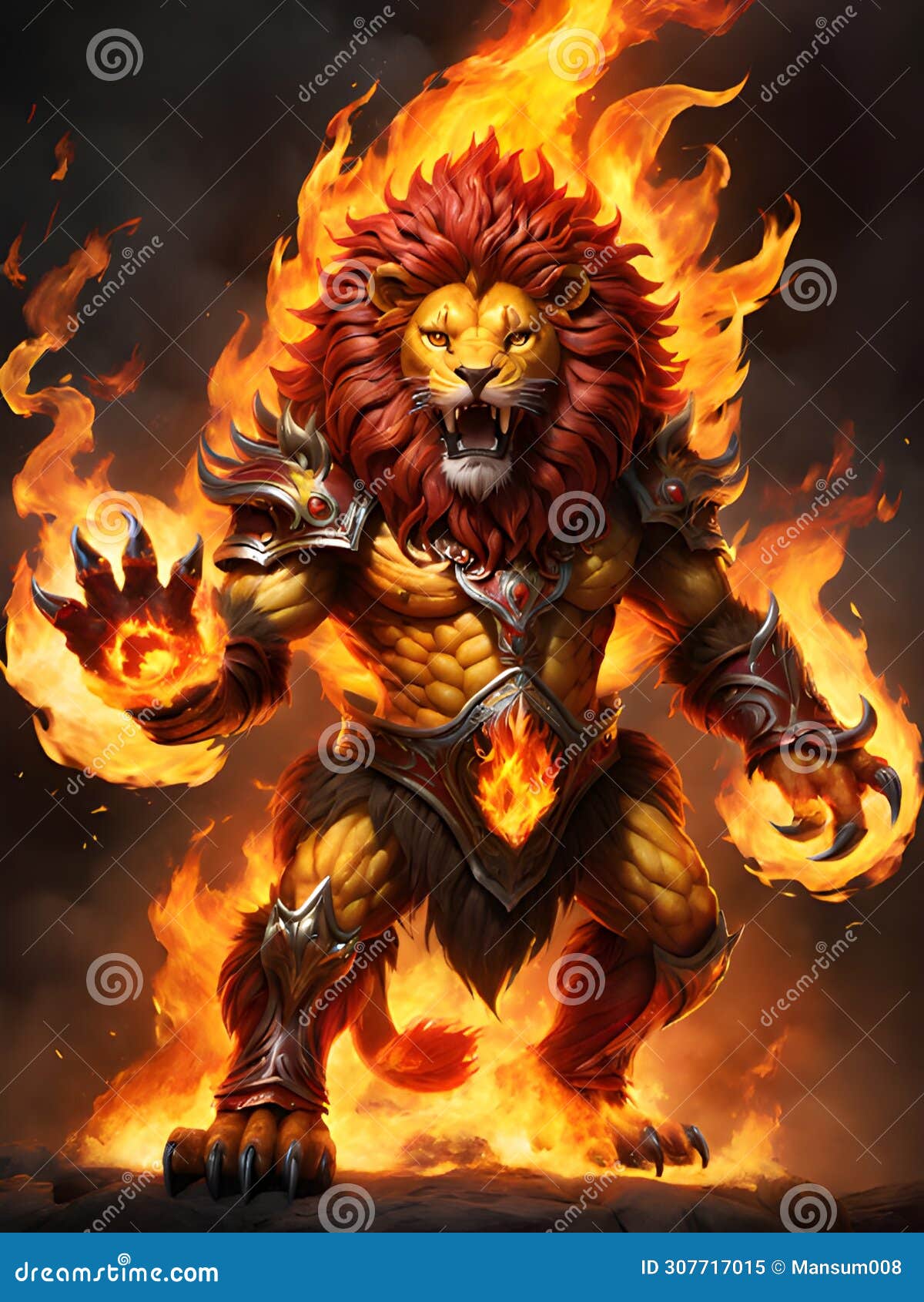 Cartoon Lion in Fire with Flames Stock Illustration - Illustration of ...