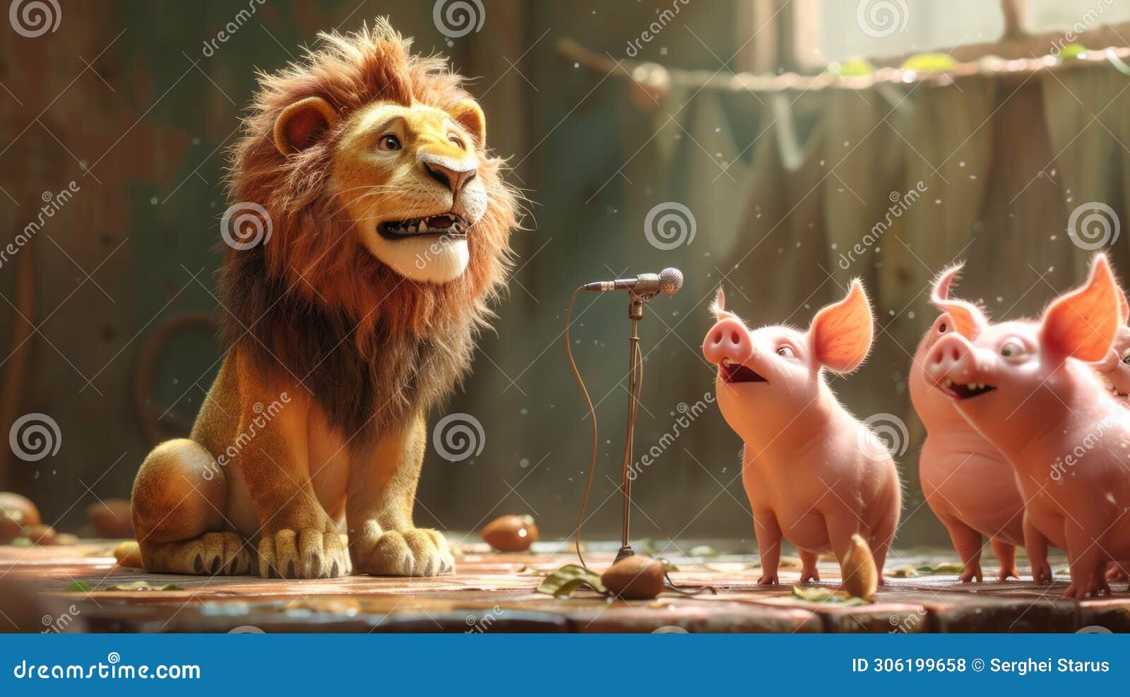 A Cartoon Lion is Standing Next To Three Pigs in Front of a Microphone ...