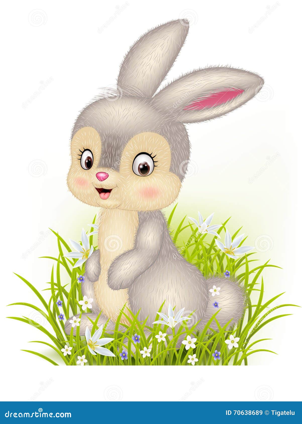 Cartoon Little Bunny Sitting on Grass Background Stock Vector ...