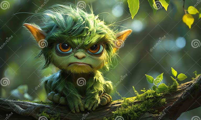 Cartoon Little Emotional Pixie Sitting on Tree. Stock Photo - Image of ...