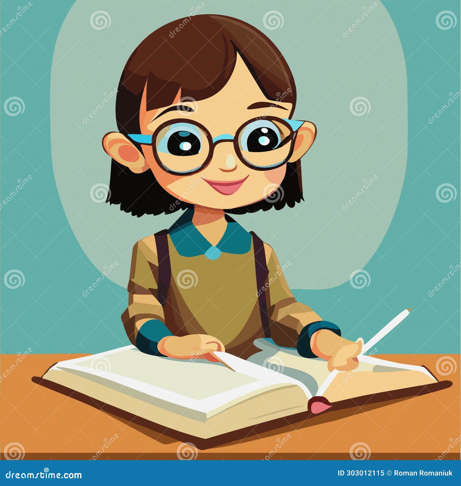 Cartoon Little Girl Reading Book and Doing Homework on the Table Stock ...