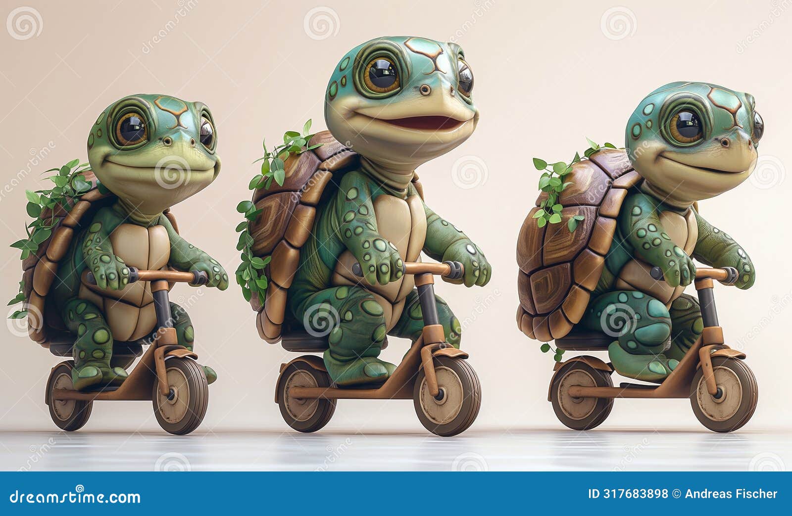 Cartoon, Little Turtles Joyfully Ride a Scooter. Stock Photo - Image of ...