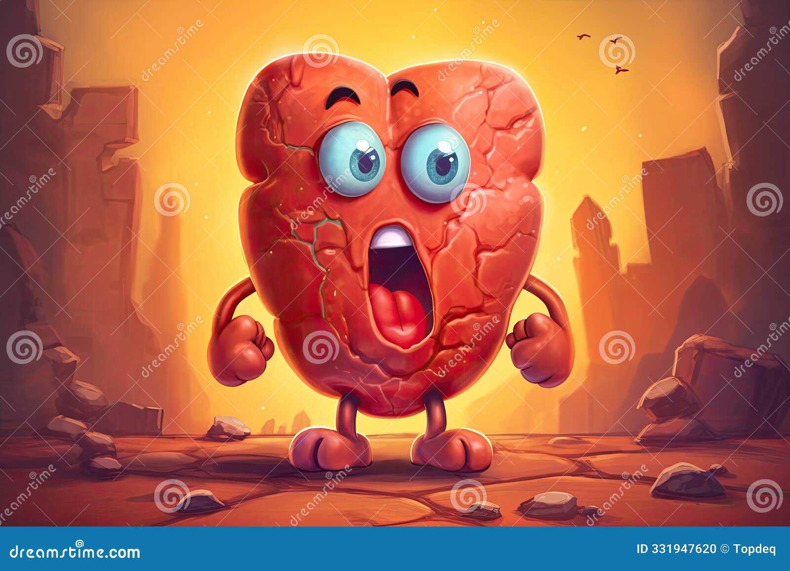 Cartoon Liver Character with Shocked Expression in Desert Landscape ...