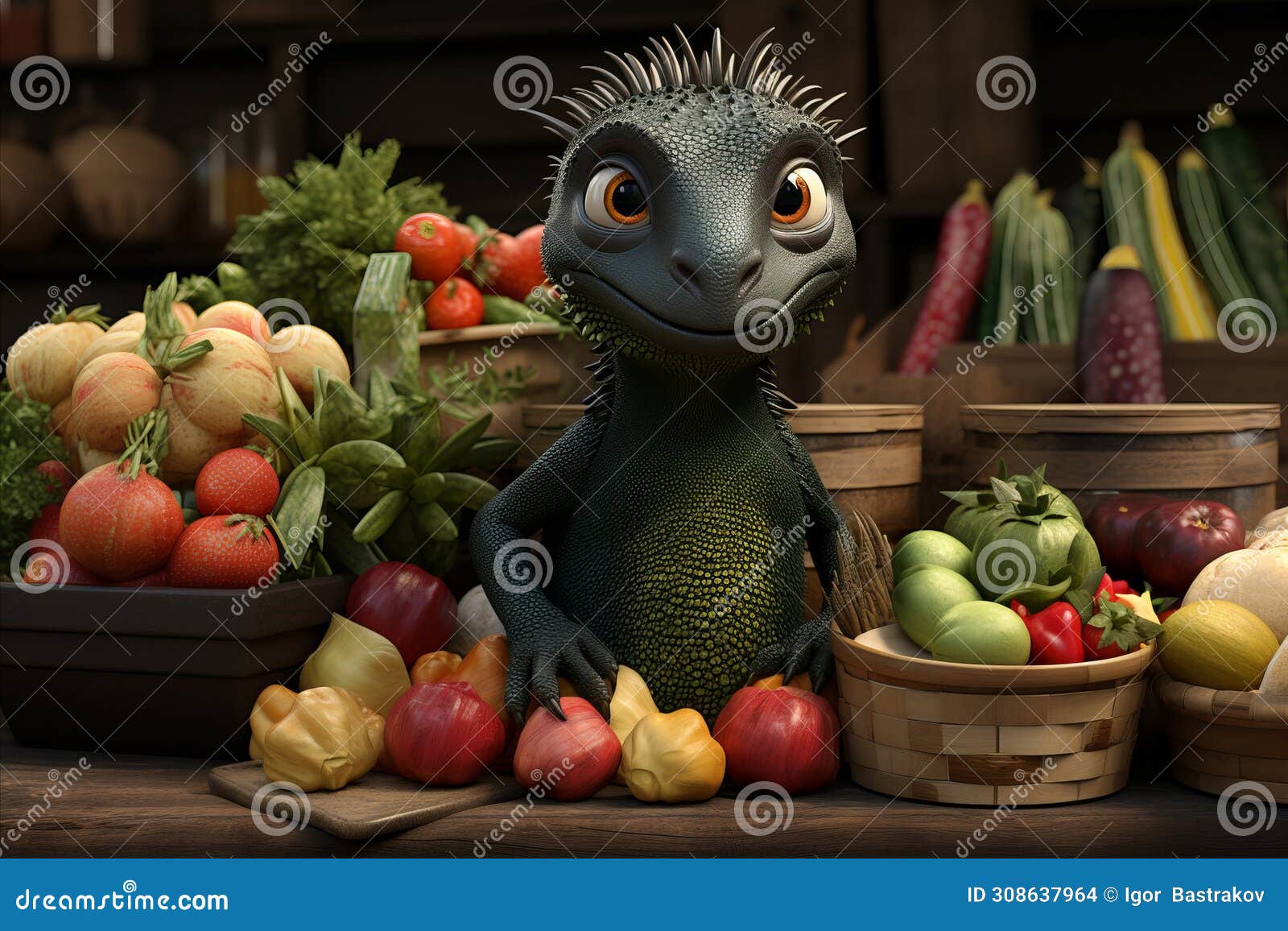 A Cartoon Lizard is Standing in Front of a Table Full of Fruits and ...