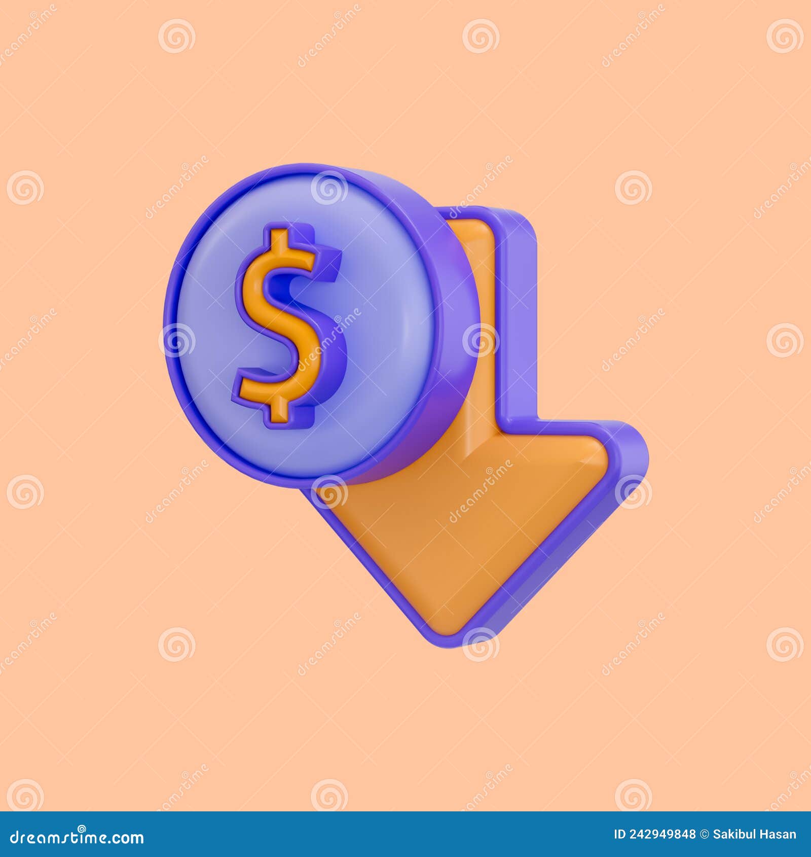 Cartoon Look Dollar Down Icon 3d Render Concept for Business Lost Crisis Decrease Rate Stock ...