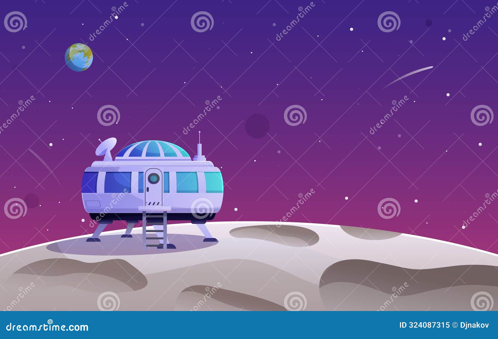 Cartoon Lunar Base on the Surface of the Moon Overlooking Space Stock ...