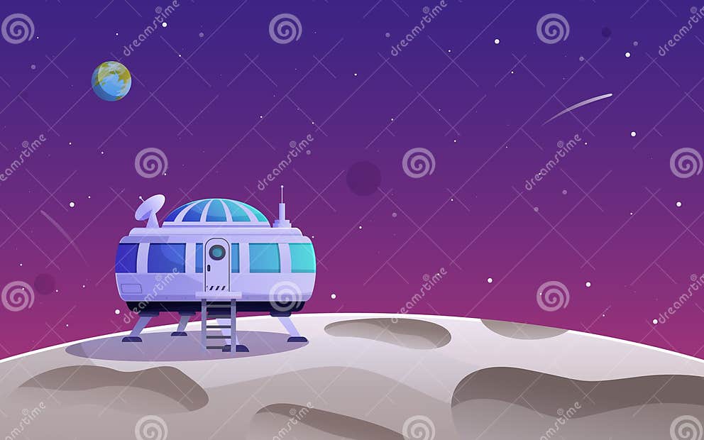 Cartoon Lunar Base on the Surface of the Moon Overlooking Space Stock ...