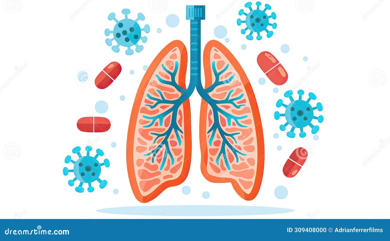 Cartoon Lungs Surrounded by Virus Particles and Capsules. Stock ...