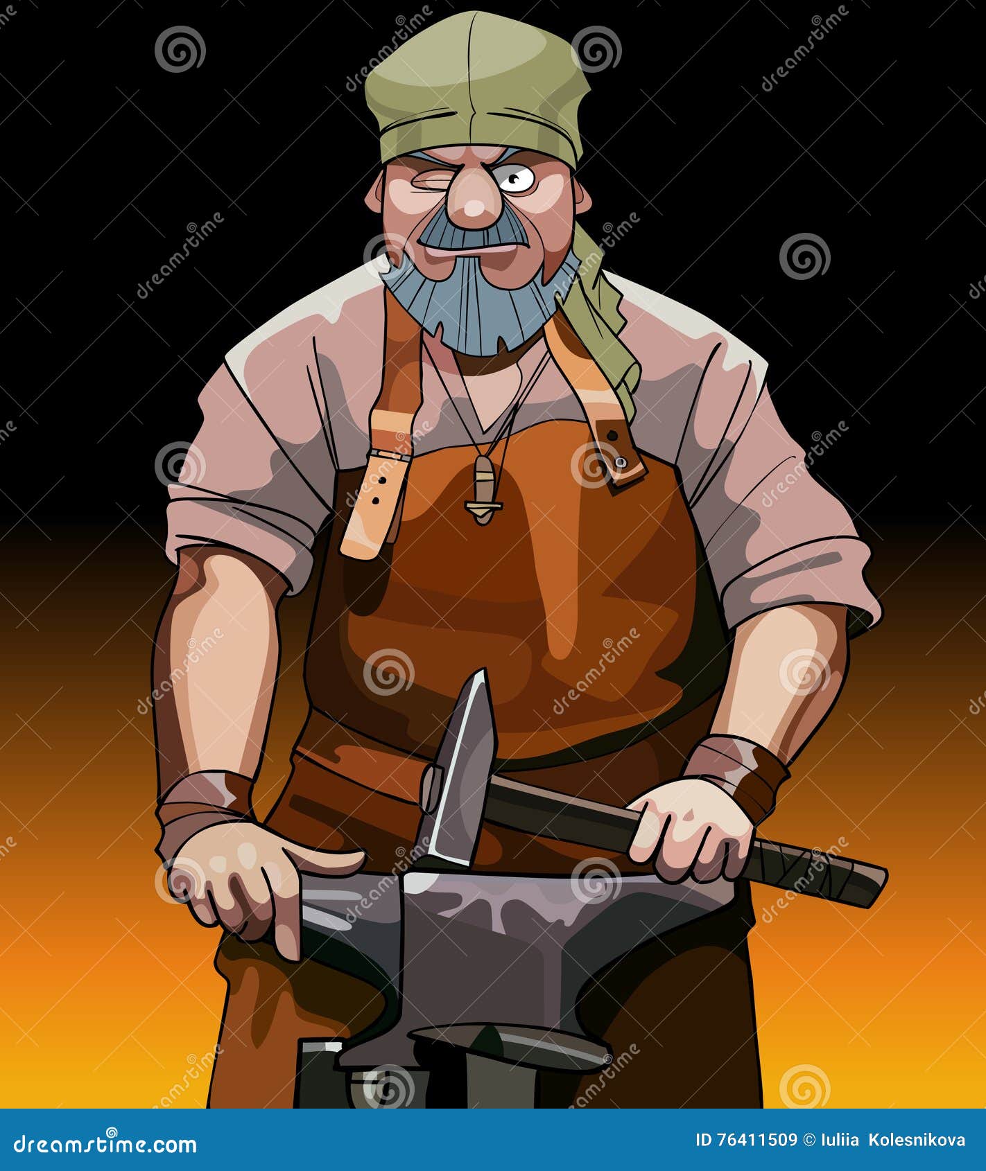 Blacksmith Worker. Character With Hammer Making Steel Sword In Foundry ...