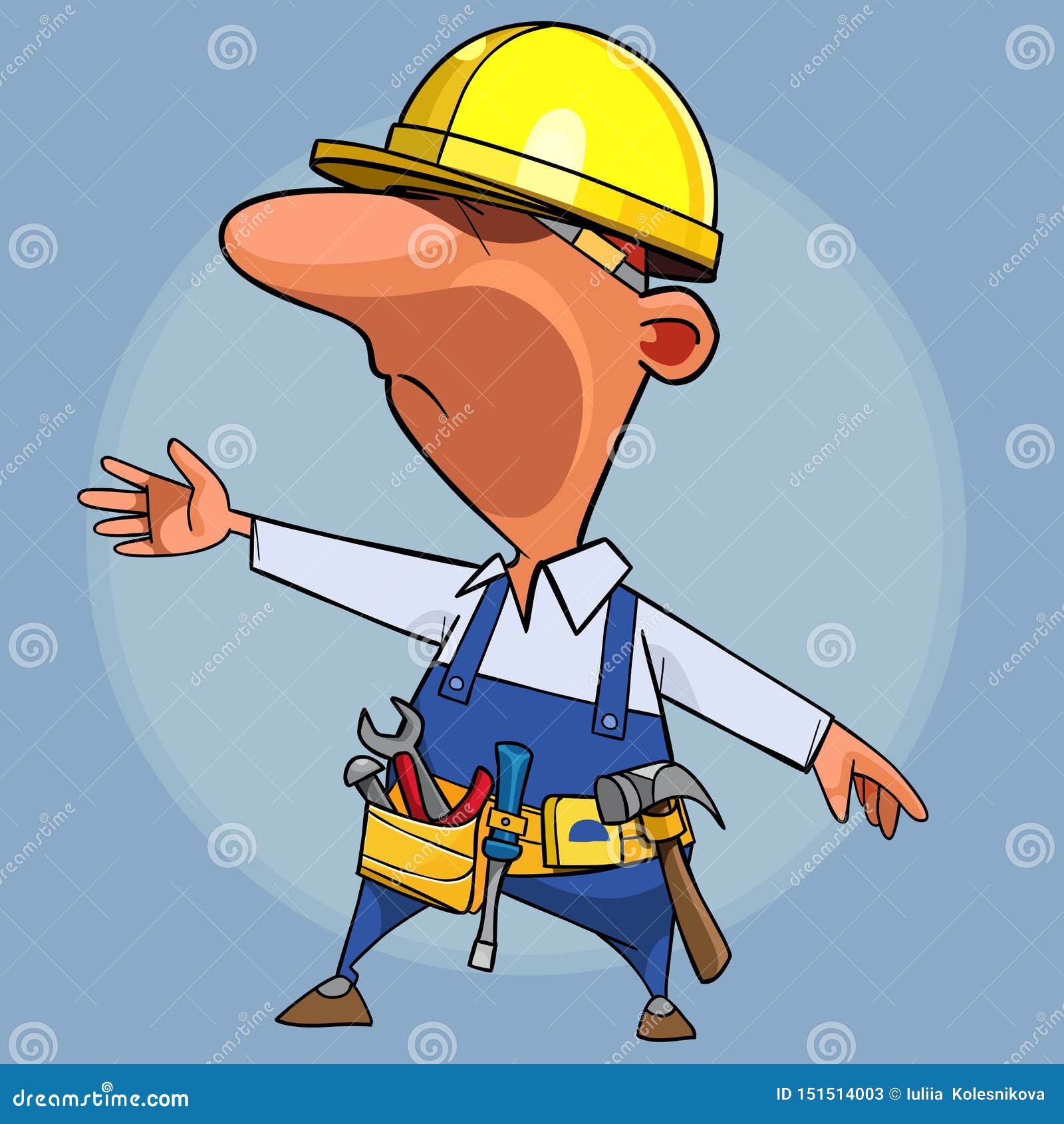 Cartoon Male Builder in a Helmet and a Belt with Tools Points His Hand ...