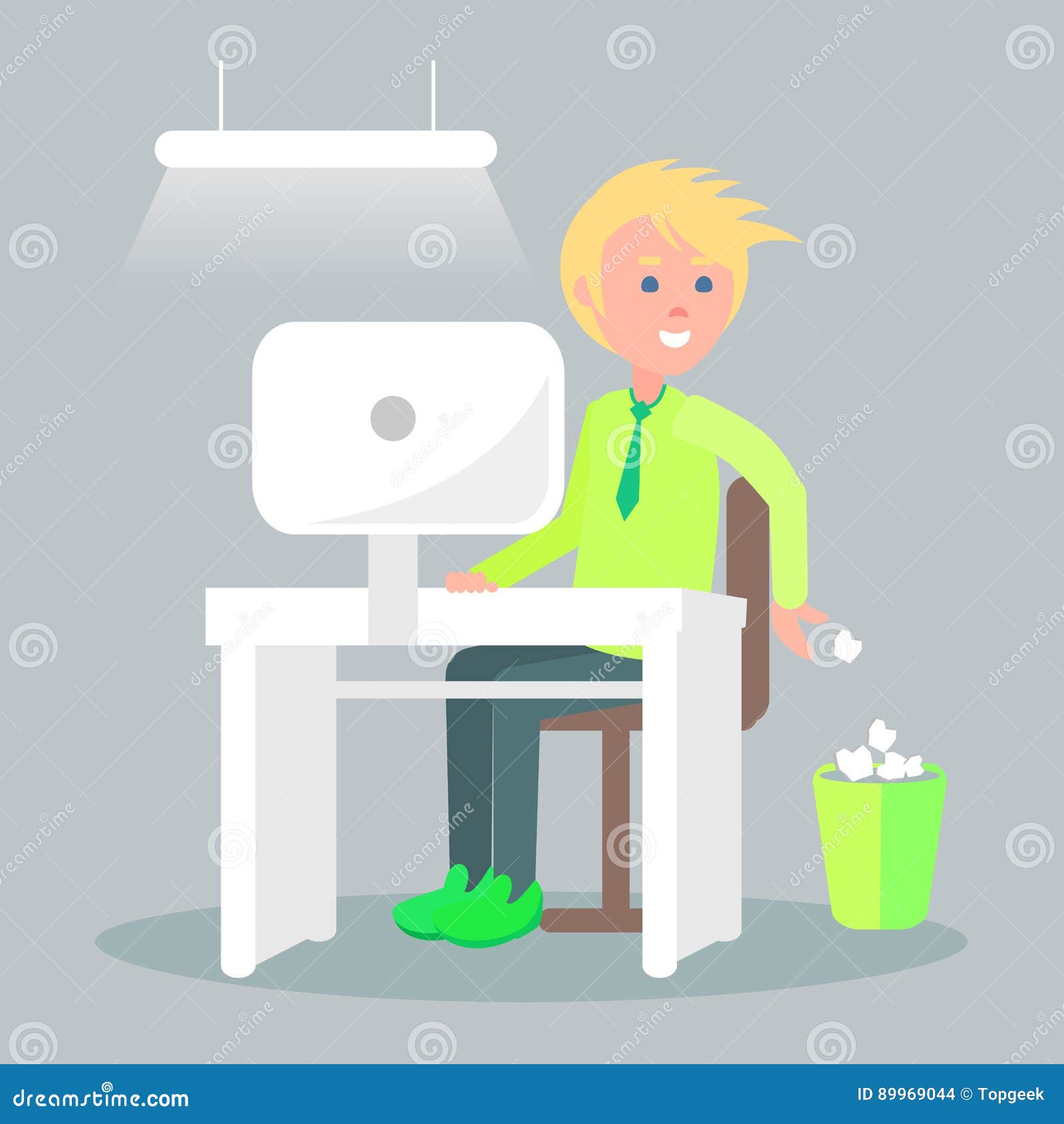 Cartoon Male Character Sits at Table with Computer Stock Vector ...