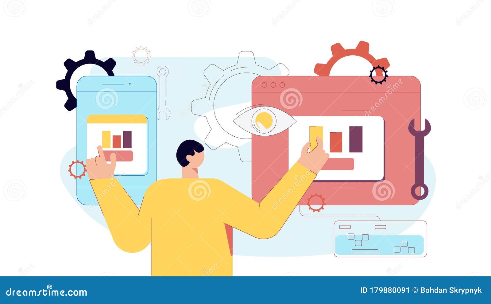 Cartoon Male Developer Testing Application of Smartphone and Computer ...