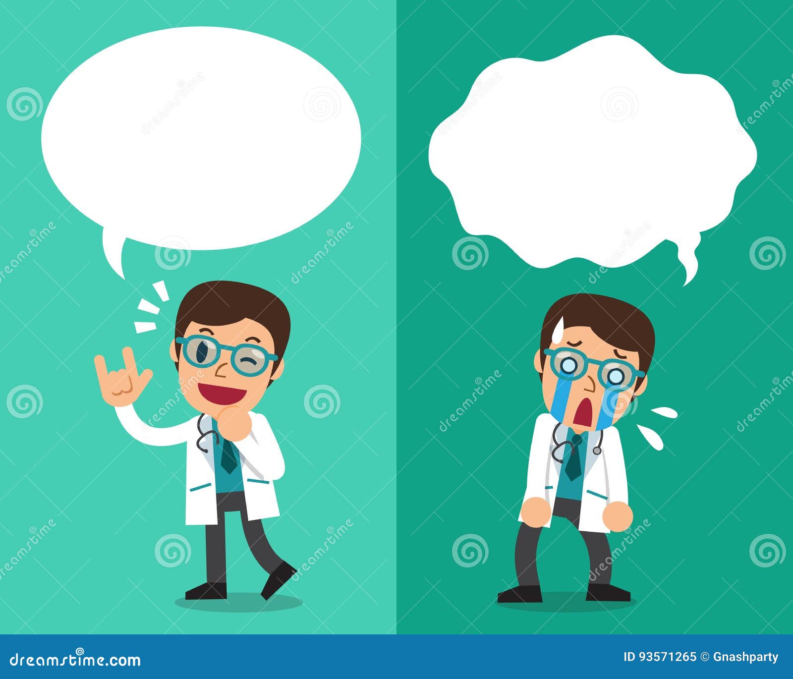 Cartoon Male Doctor Expressing Different Emotions with Speech Bubbles ...