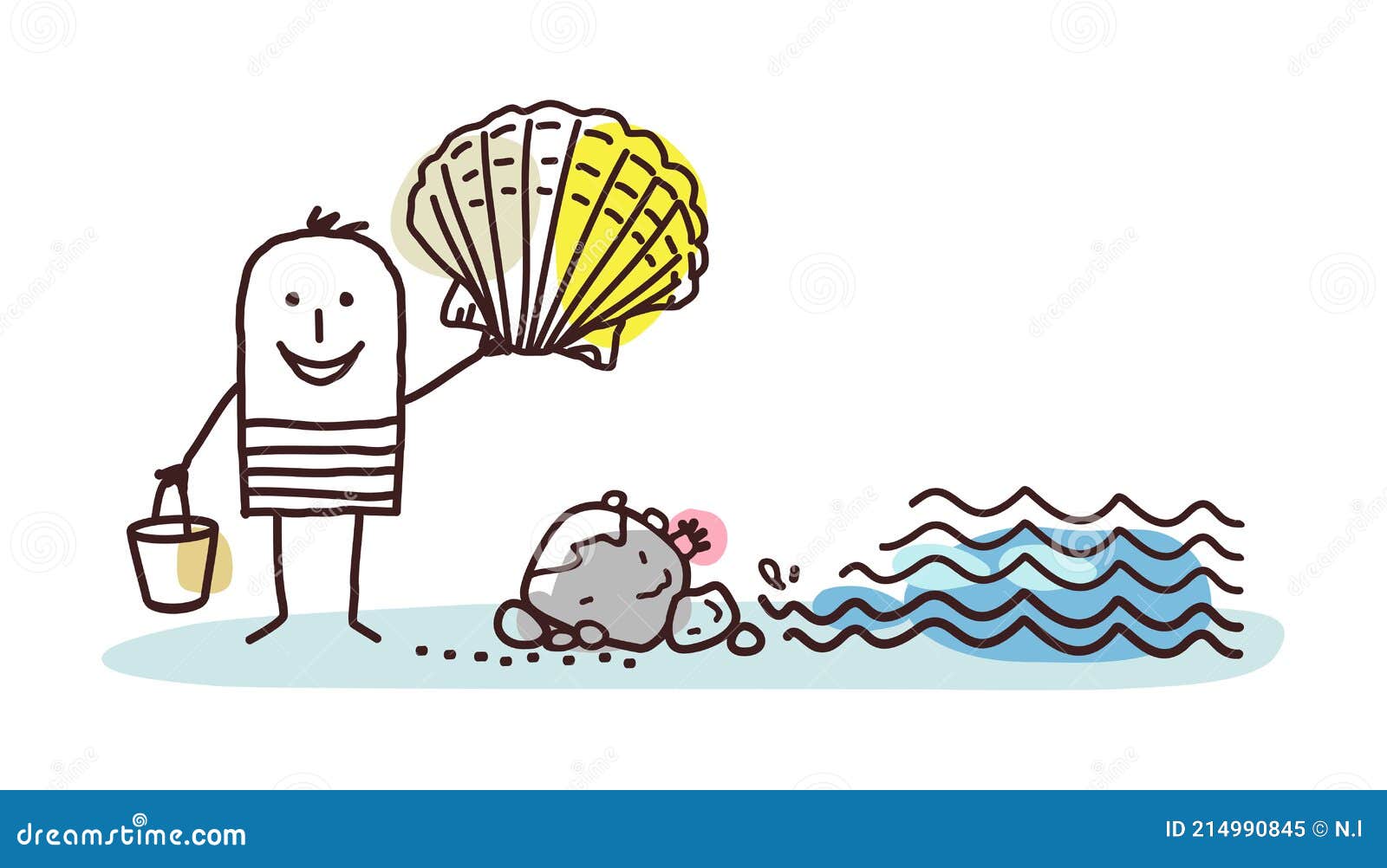 Cartoon Man on the Beach, Picking Shells Stock Vector - Illustration of ...